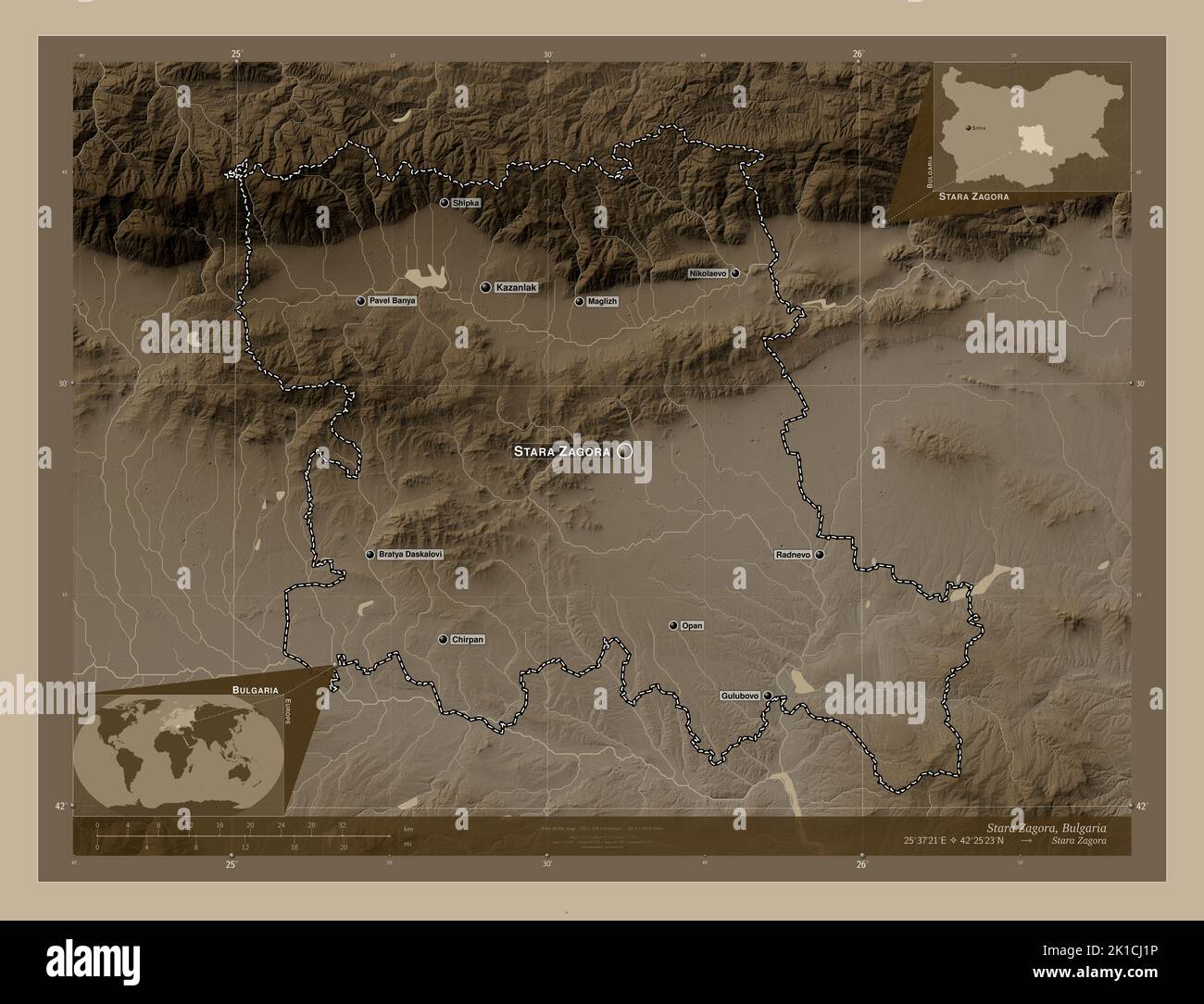 Stara Zagora, province of Bulgaria. Elevation map colored in sepia ...