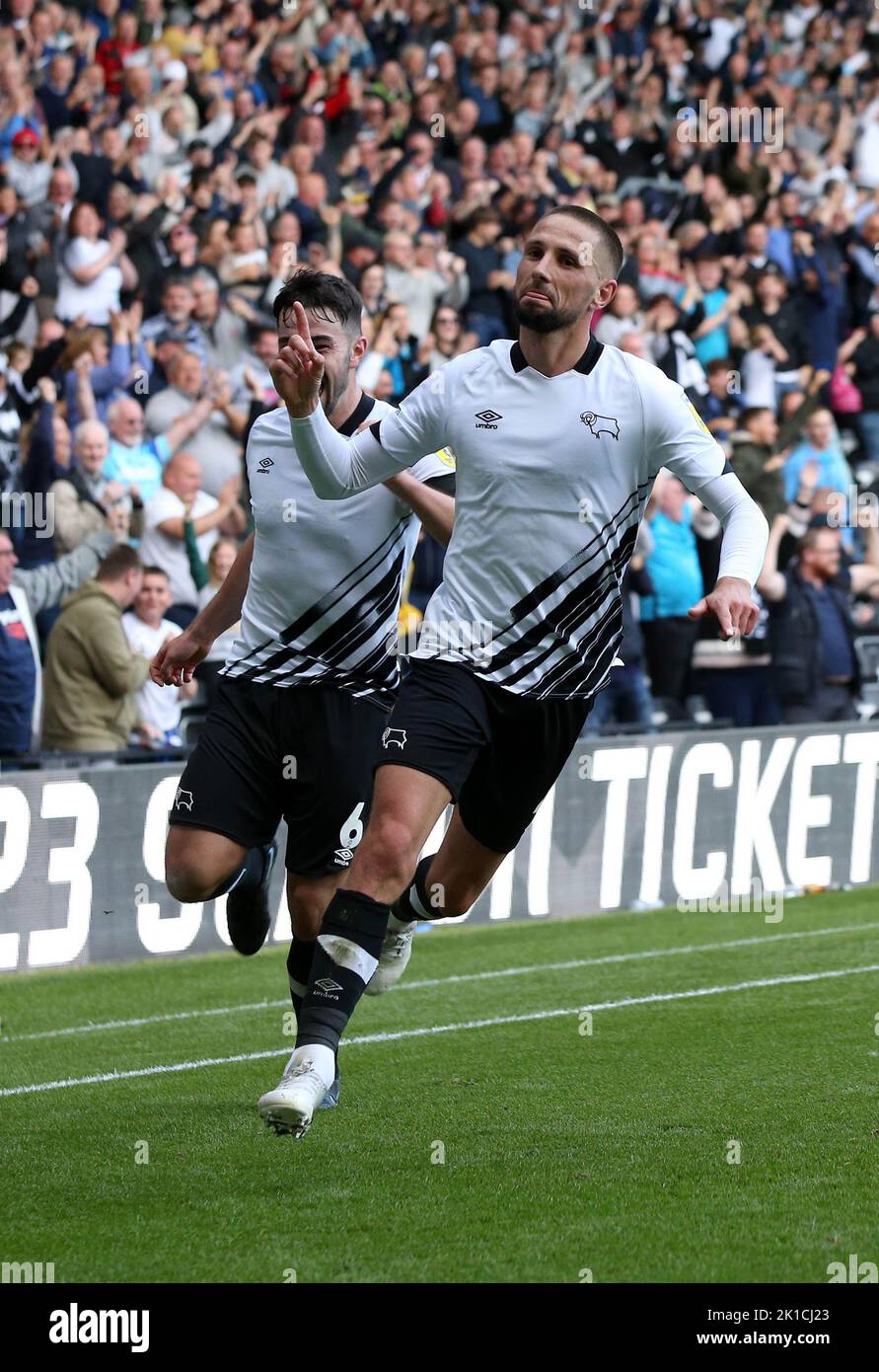 Derby County's Conor Hourihane (right) celebrates with Eiran Cashin ...