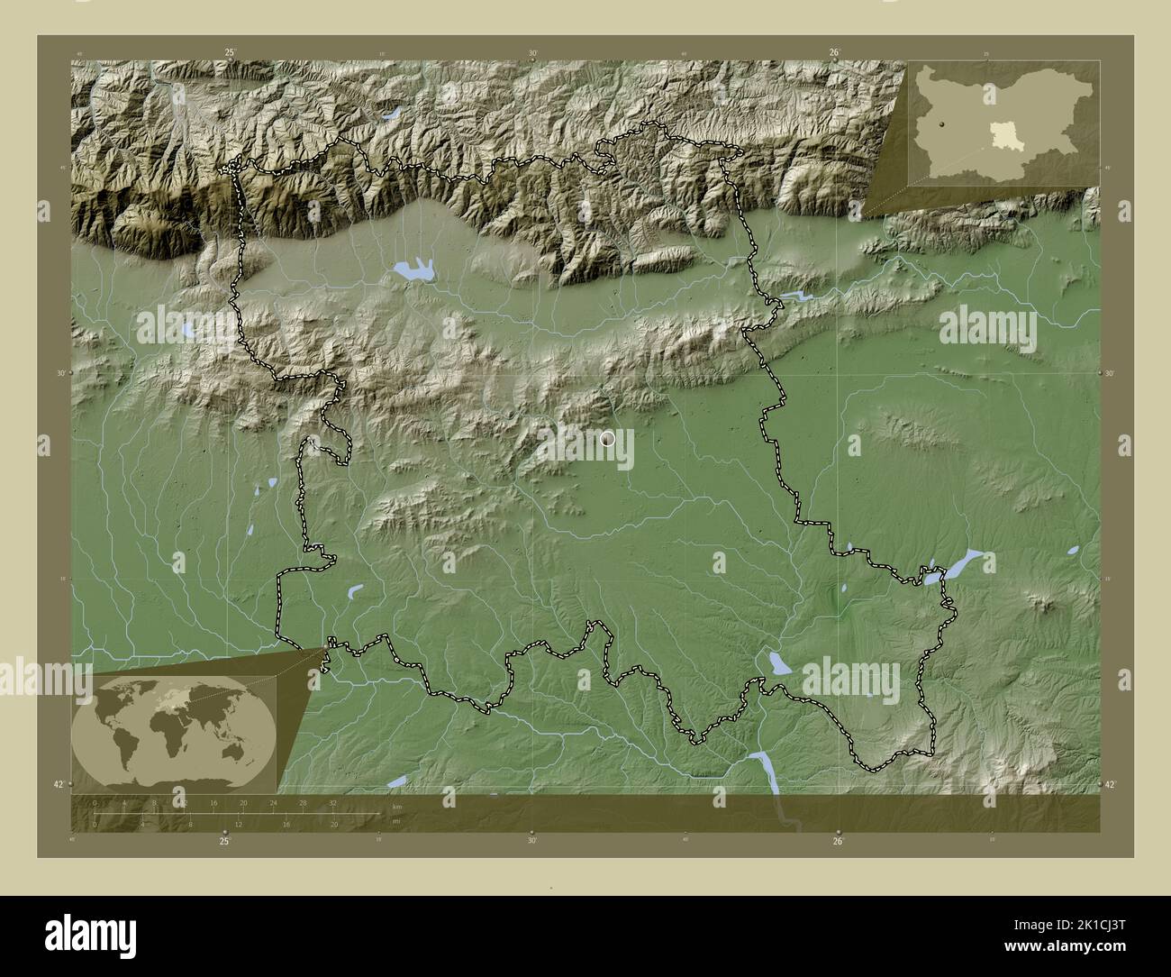 Stara Zagora, province of Bulgaria. Elevation map colored in wiki style with lakes and rivers ...