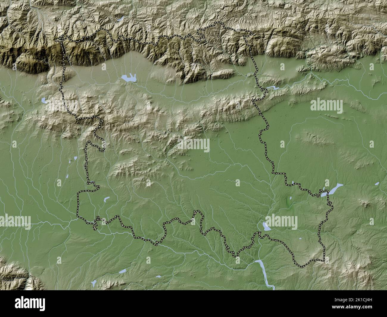 Stara Zagora, province of Bulgaria. Elevation map colored in wiki style with lakes and rivers ...