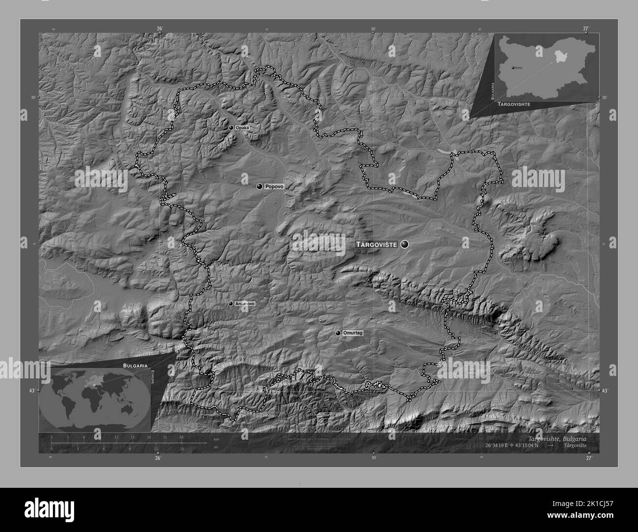 Targovishte, province of Bulgaria. Bilevel elevation map with lakes and ...