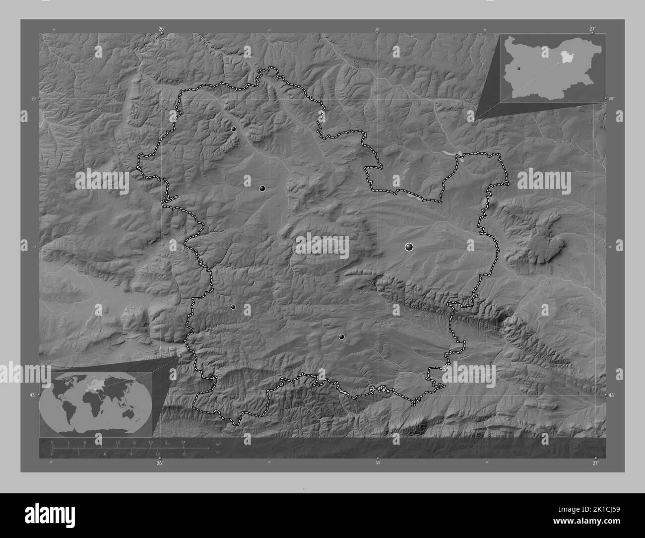 Targovishte, province of Bulgaria. Grayscale elevation map with lakes ...