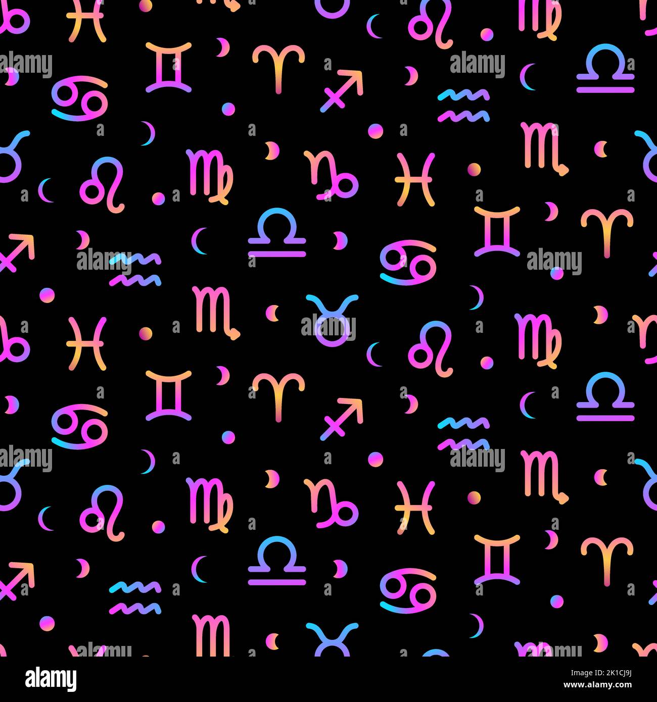 Zodiac signs seamless colorful neon background with crescent and moon ...