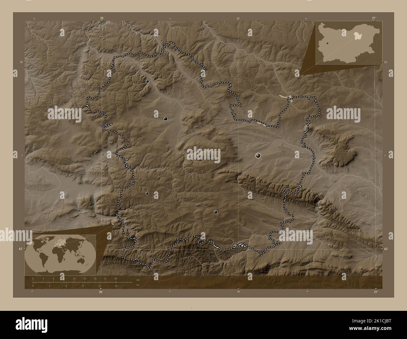 Targovishte, province of Bulgaria. Elevation map colored in sepia tones ...