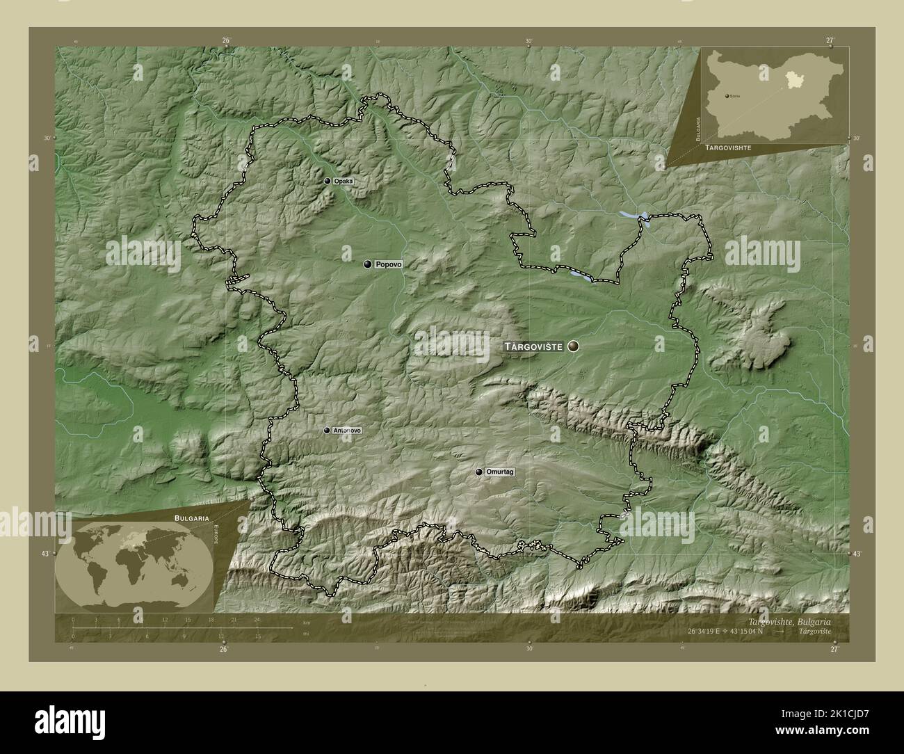 Targovishte, province of Bulgaria. Elevation map colored in wiki style ...