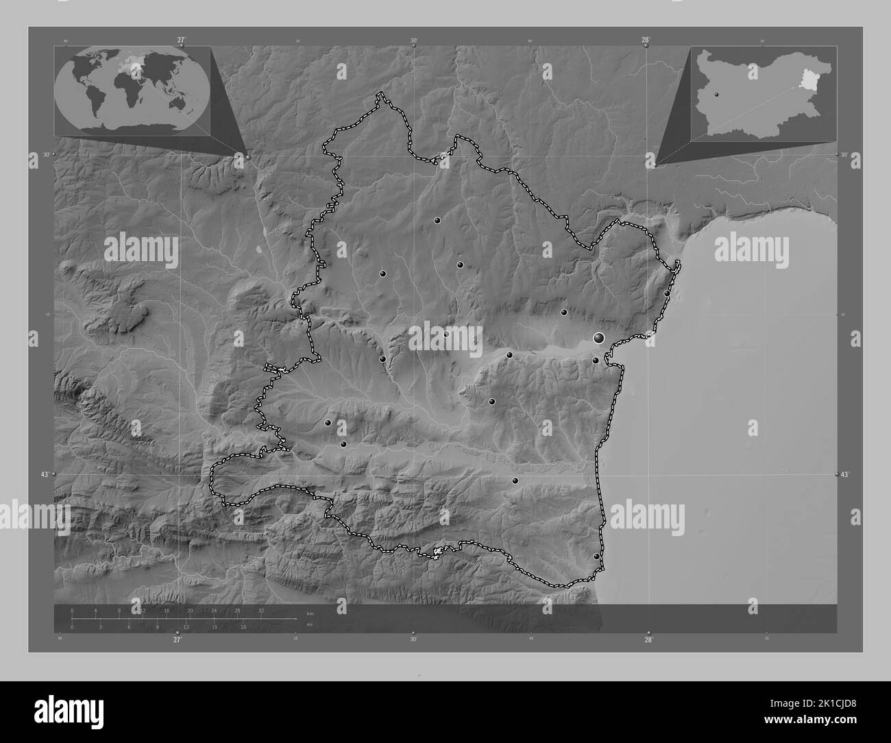 Varna, province of Bulgaria. Grayscale elevation map with lakes and ...