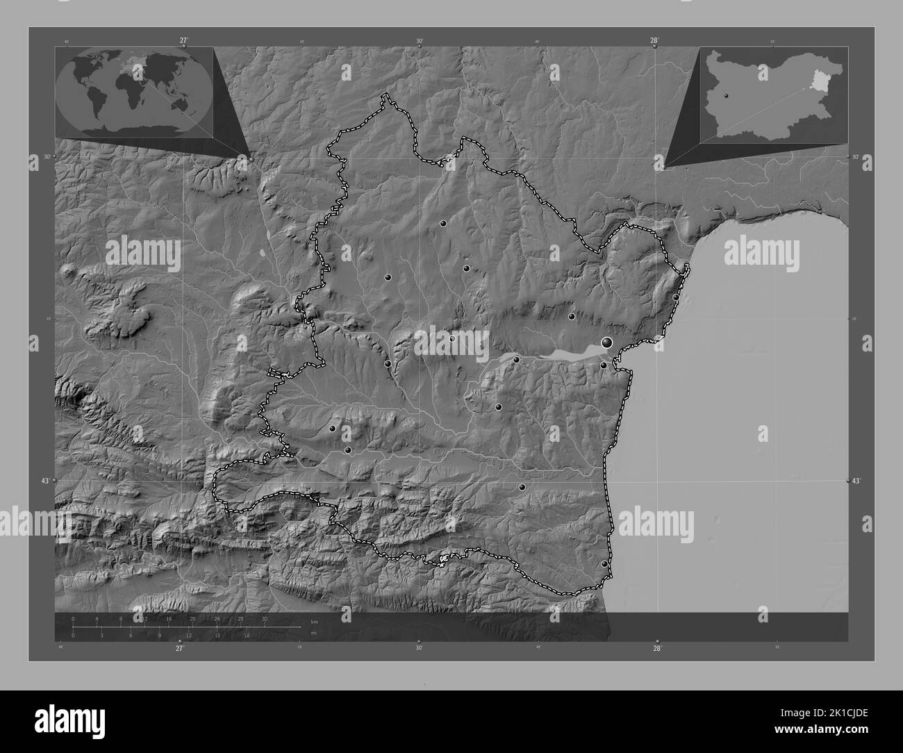 Varna, province of Bulgaria. Bilevel elevation map with lakes and ...