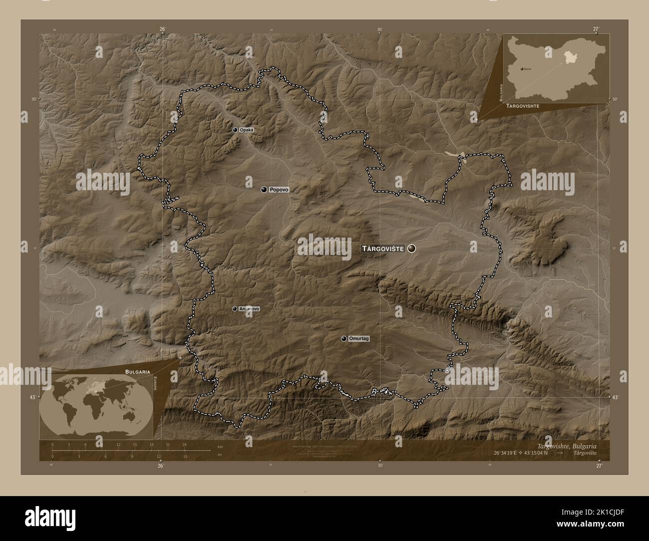 Targovishte, province of Bulgaria. Elevation map colored in sepia tones ...