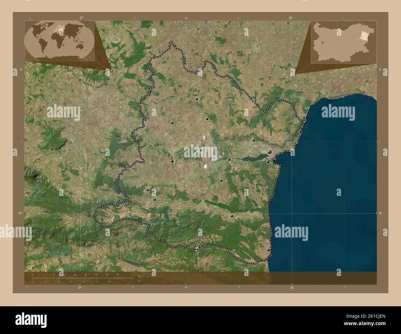Varna, province of Bulgaria. Low resolution satellite map. Locations of ...