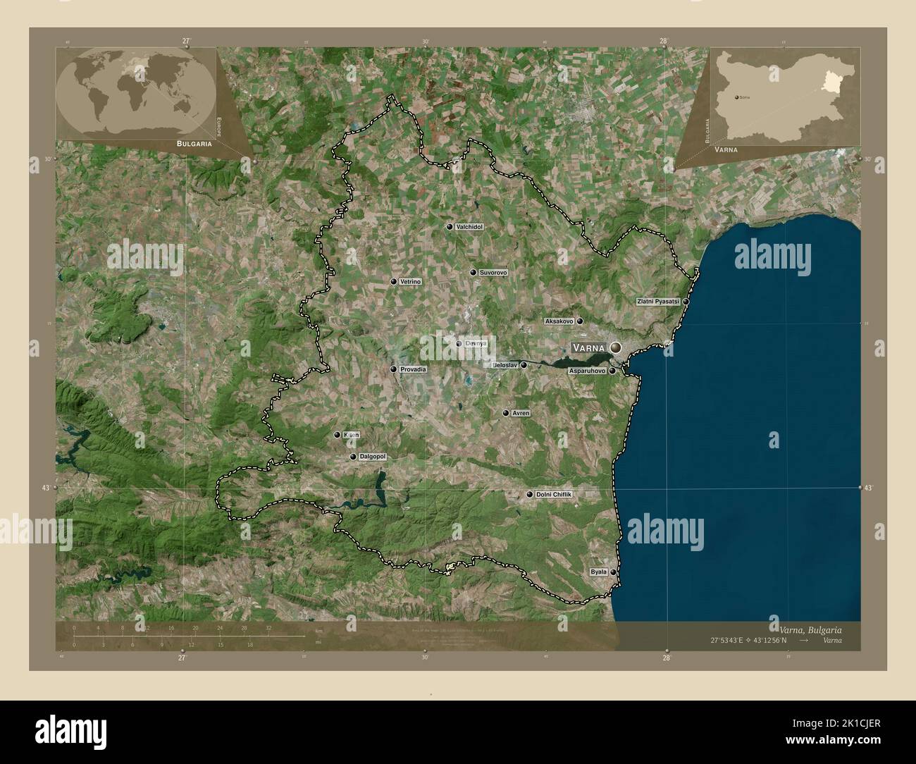 Varna, province of Bulgaria. High resolution satellite map. Locations ...