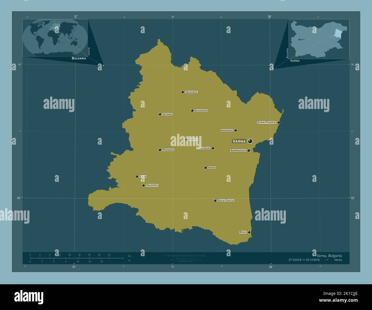 Varna, province of Bulgaria. Solid color shape. Locations and names of ...