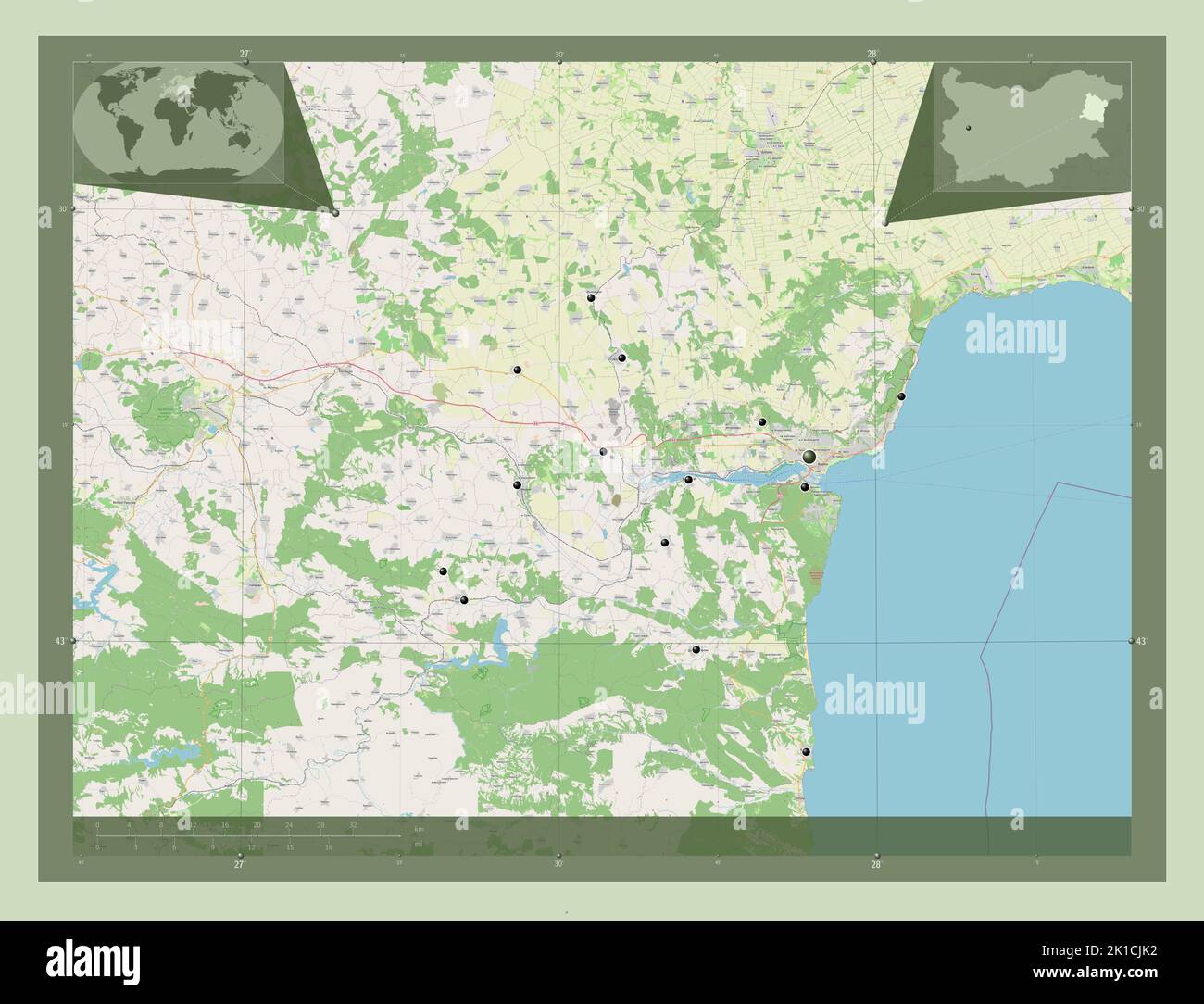 Varna, province of Bulgaria. Open Street Map. Locations of major cities ...