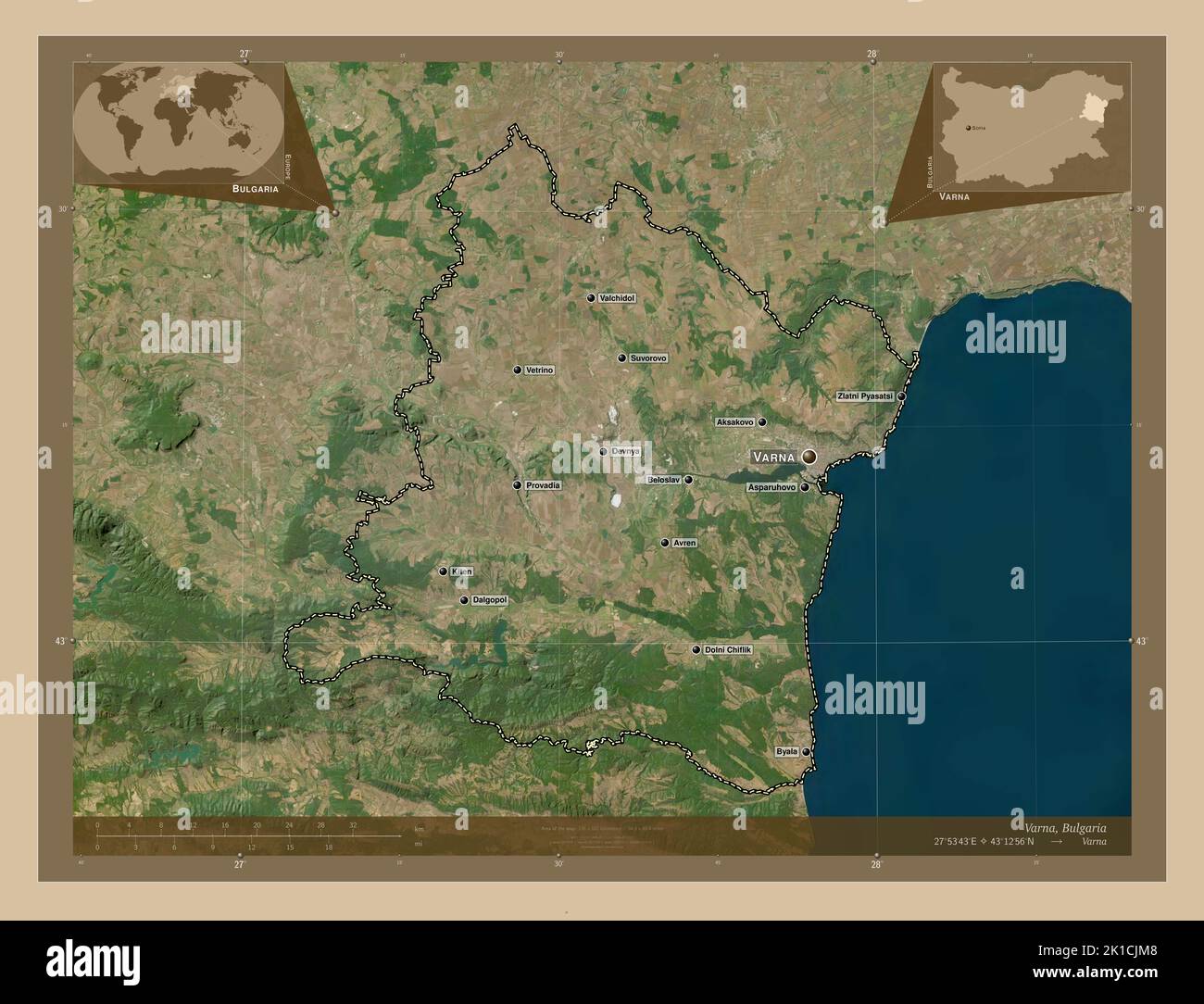 Varna, province of Bulgaria. Low resolution satellite map. Locations ...