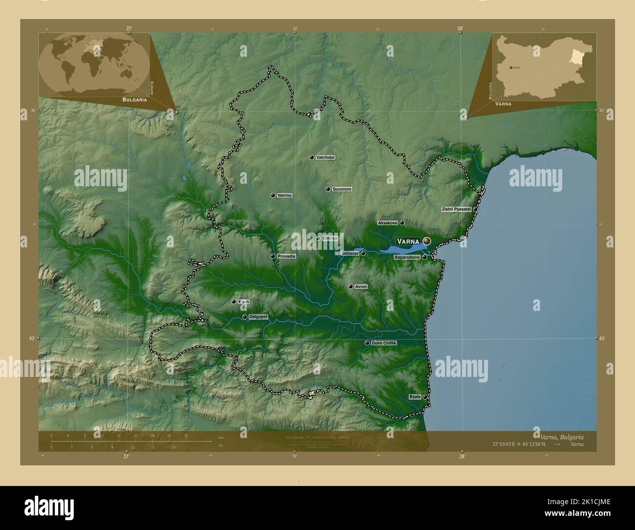 Varna, province of Bulgaria. Colored elevation map with lakes and ...