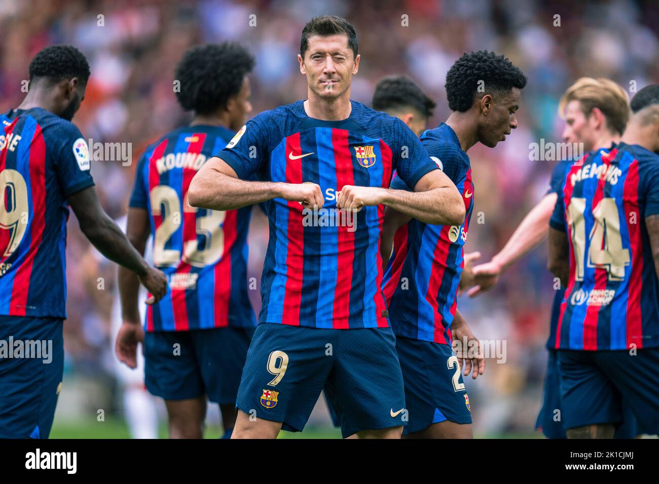 Goal celebration robert lewandowski of barcelona cf hi-res stock ...