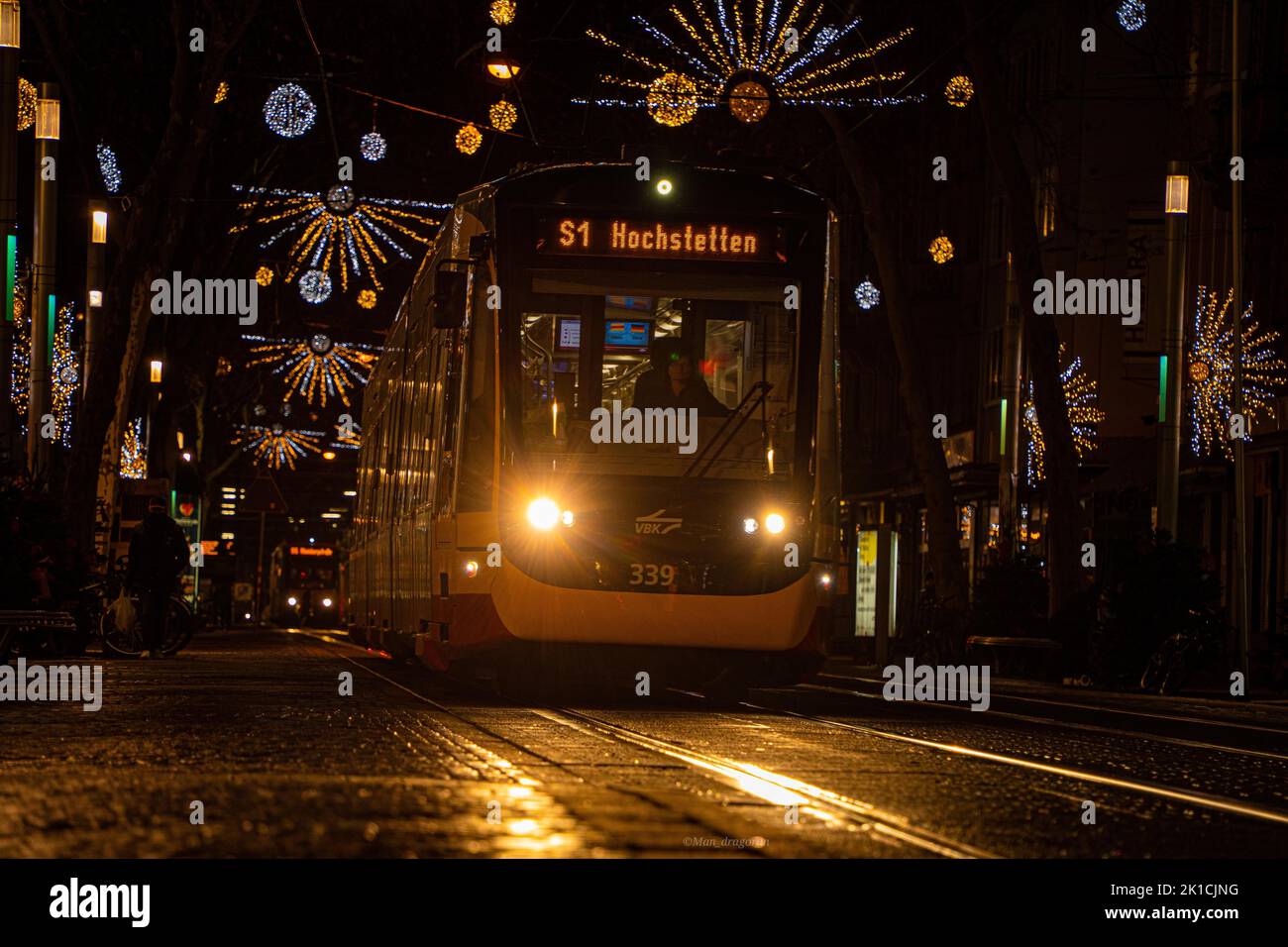 Tram at night with Christmas lights in Karlsruhe, Germany Stock Photo ...