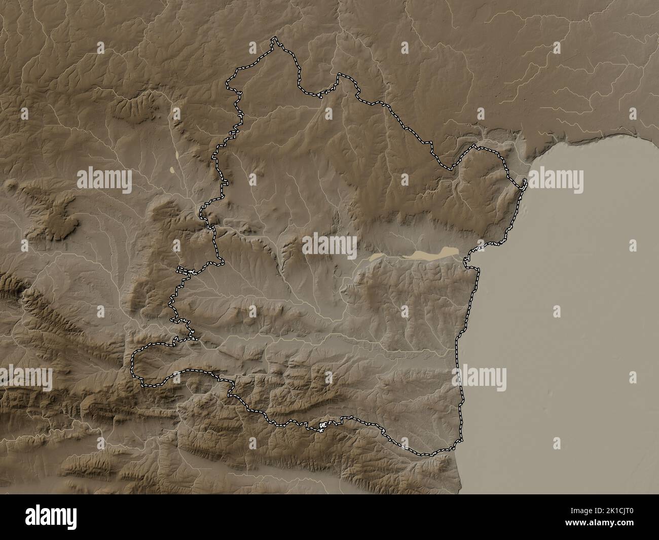 Varna, province of Bulgaria. Elevation map colored in sepia tones with lakes and rivers Stock ...