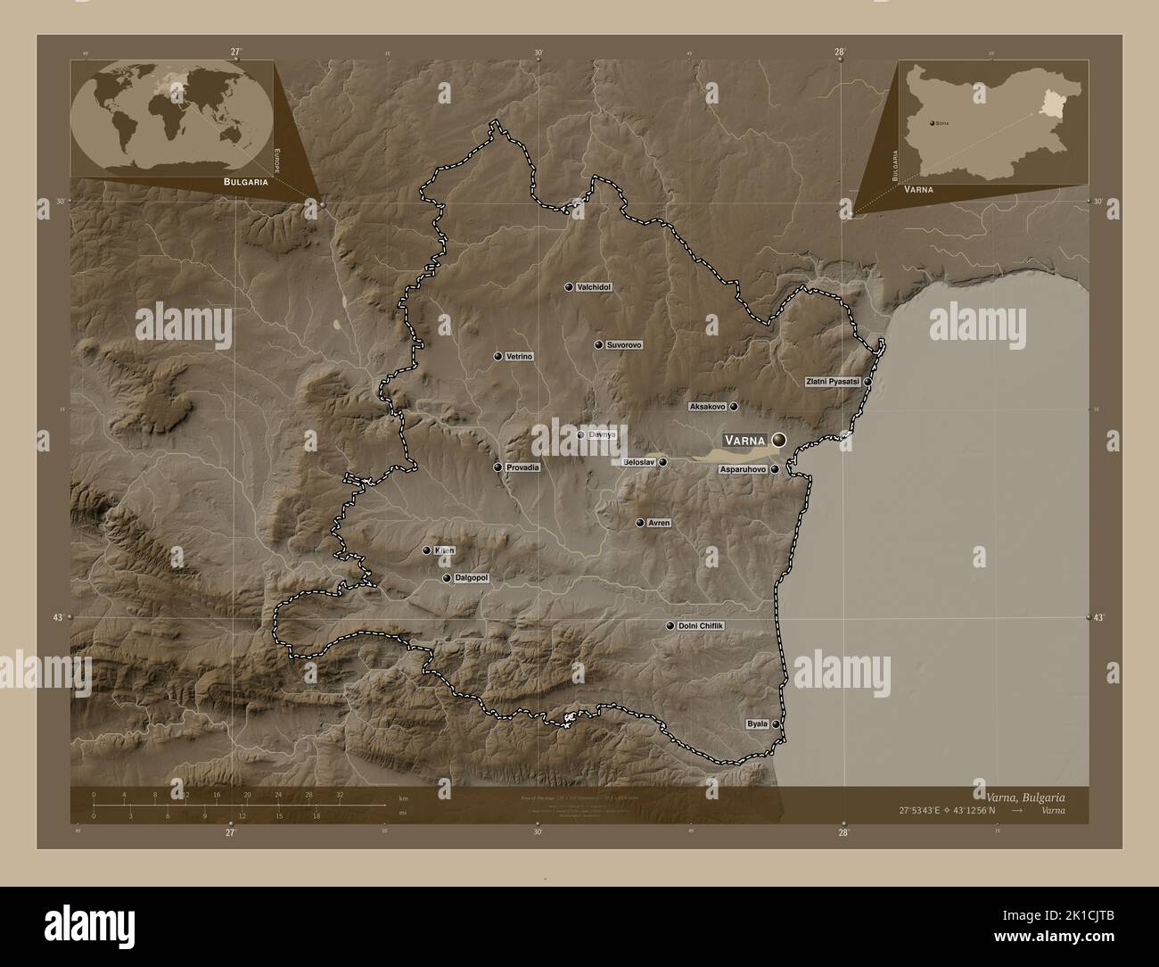 Varna, province of Bulgaria. Elevation map colored in sepia tones with ...