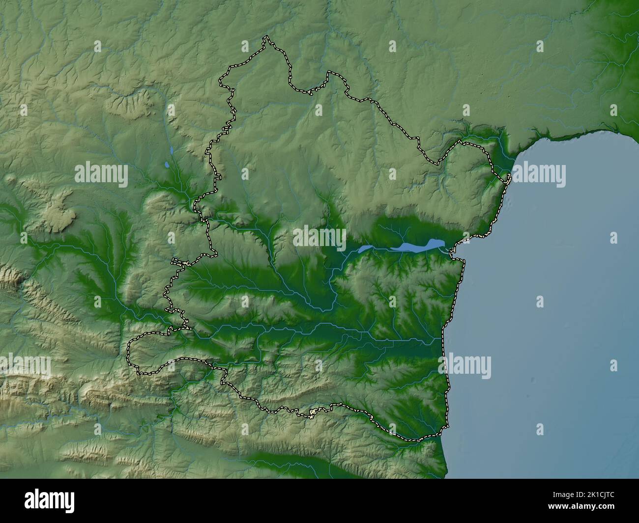 Varna, province of Bulgaria. Colored elevation map with lakes and ...