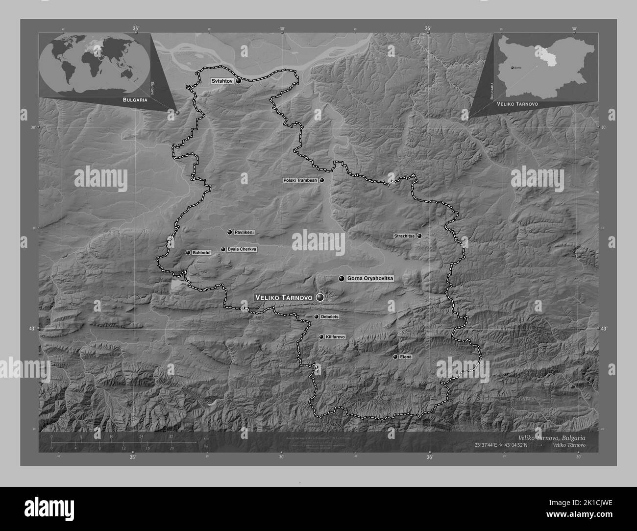 Veliko Tarnovo, province of Bulgaria. Grayscale elevation map with ...