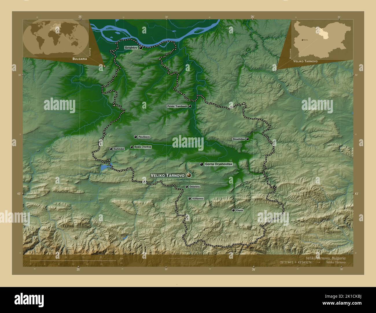 Veliko Tarnovo, province of Bulgaria. Colored elevation map with lakes ...