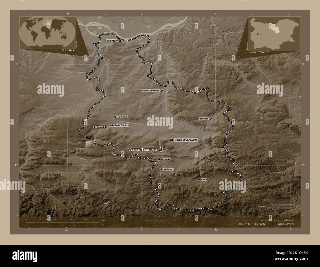 Veliko Tarnovo, province of Bulgaria. Elevation map colored in sepia ...