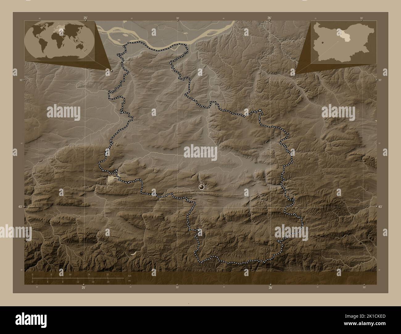 Veliko Tarnovo, province of Bulgaria. Elevation map colored in sepia ...