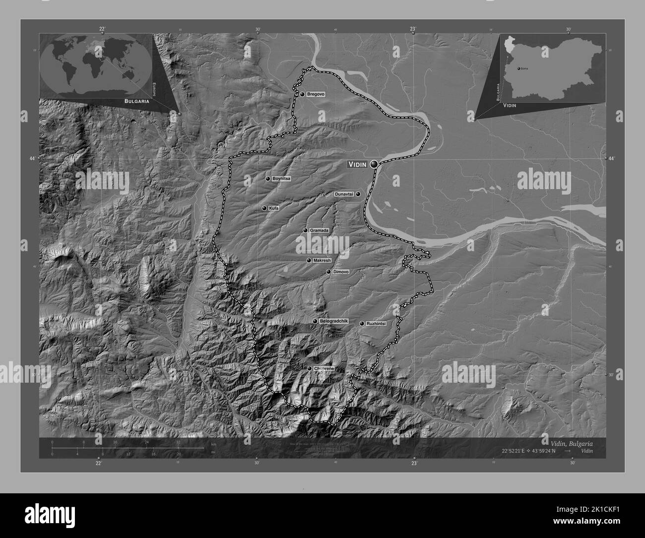 Vidin, province of Bulgaria. Bilevel elevation map with lakes and ...