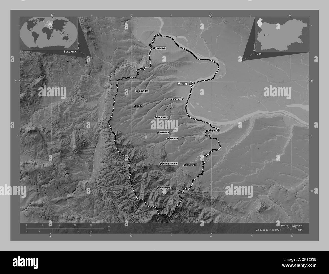 Vidin, province of Bulgaria. Grayscale elevation map with lakes and ...