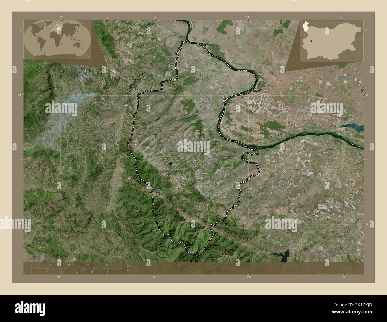 Vidin, province of Bulgaria. High resolution satellite map. Corner ...