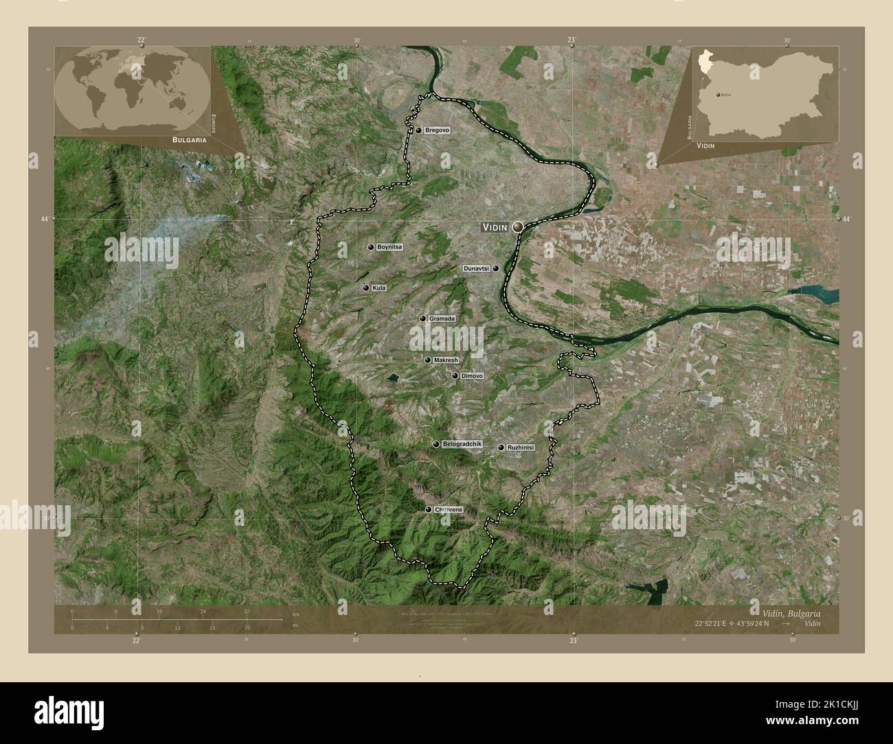Vidin, province of Bulgaria. High resolution satellite map. Locations ...