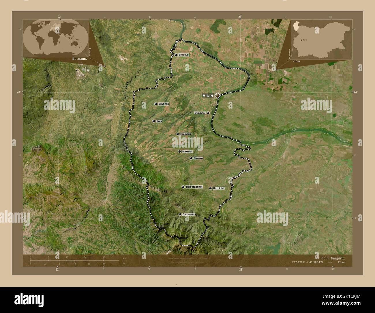 Vidin, province of Bulgaria. Low resolution satellite map. Locations ...