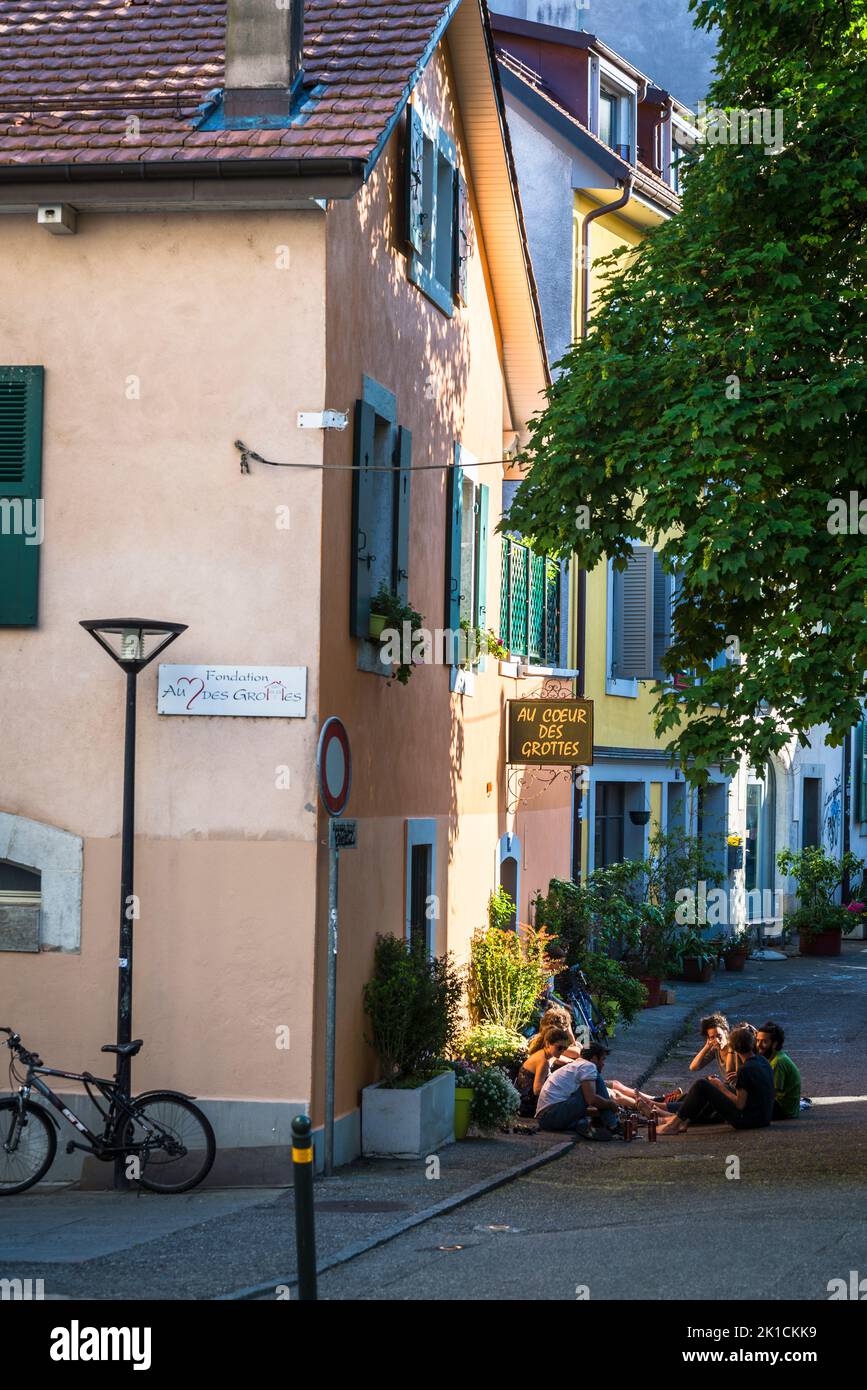 Les Grottes neighbourhood, a bohemian district in Geneva, Switzerland ...