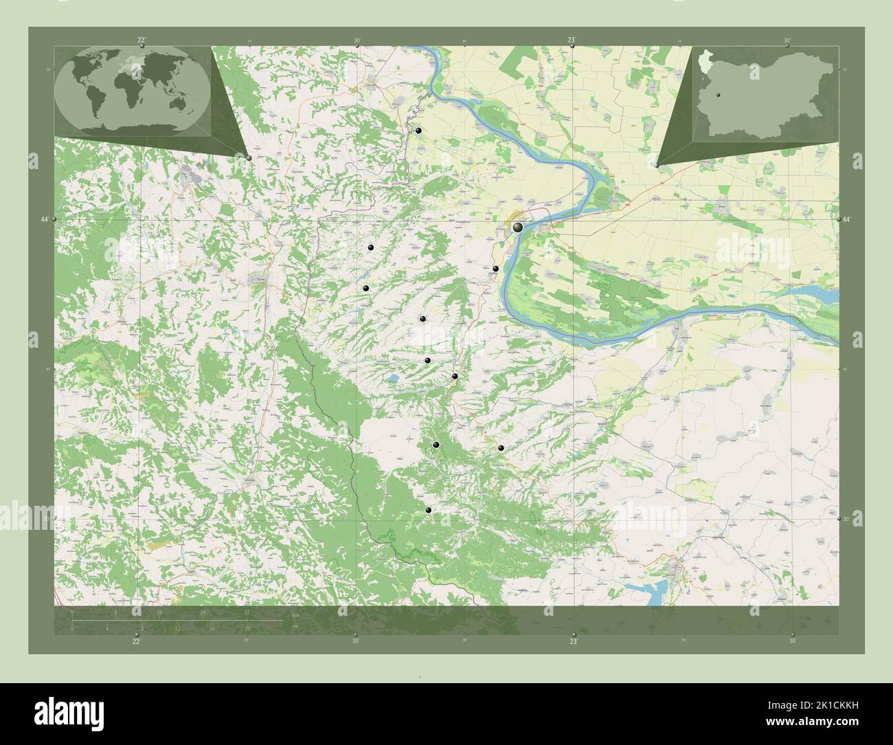 Vidin, province of Bulgaria. Open Street Map. Locations of major cities ...