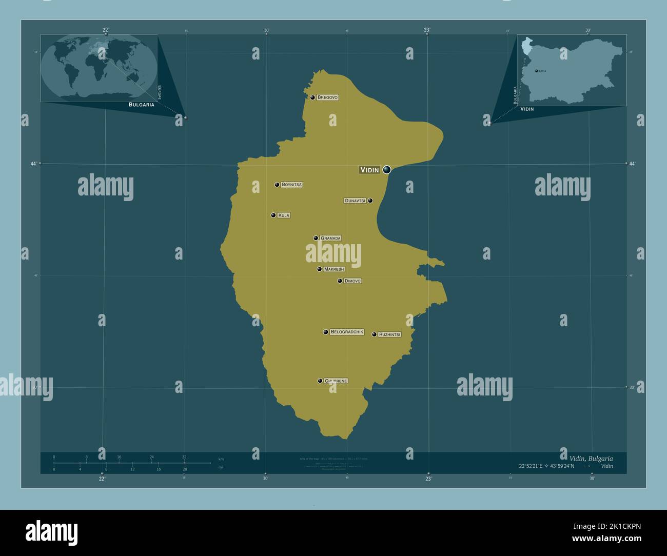 Vidin, province of Bulgaria. Solid color shape. Locations and names of ...