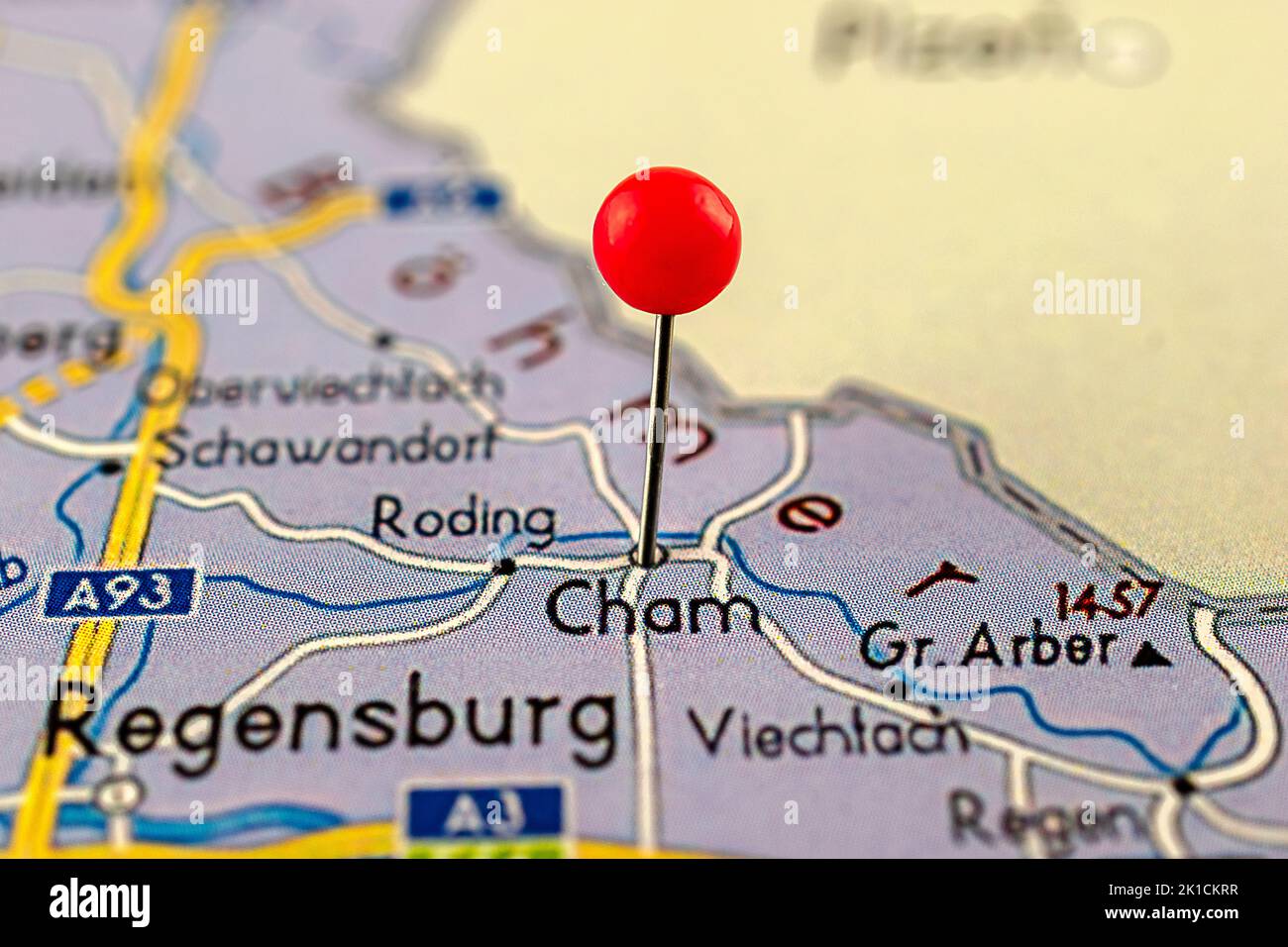 Cham map. Close up of Cham map with red pin. Map with red pin point of ...