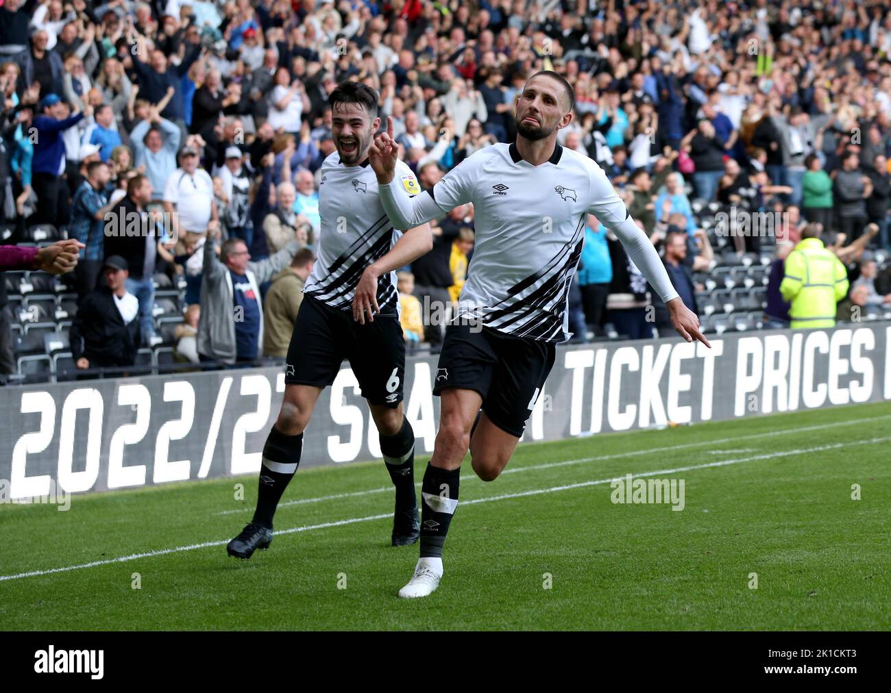 Derby County's Conor Hourihane (right) celebrates with Eiran Cashin ...