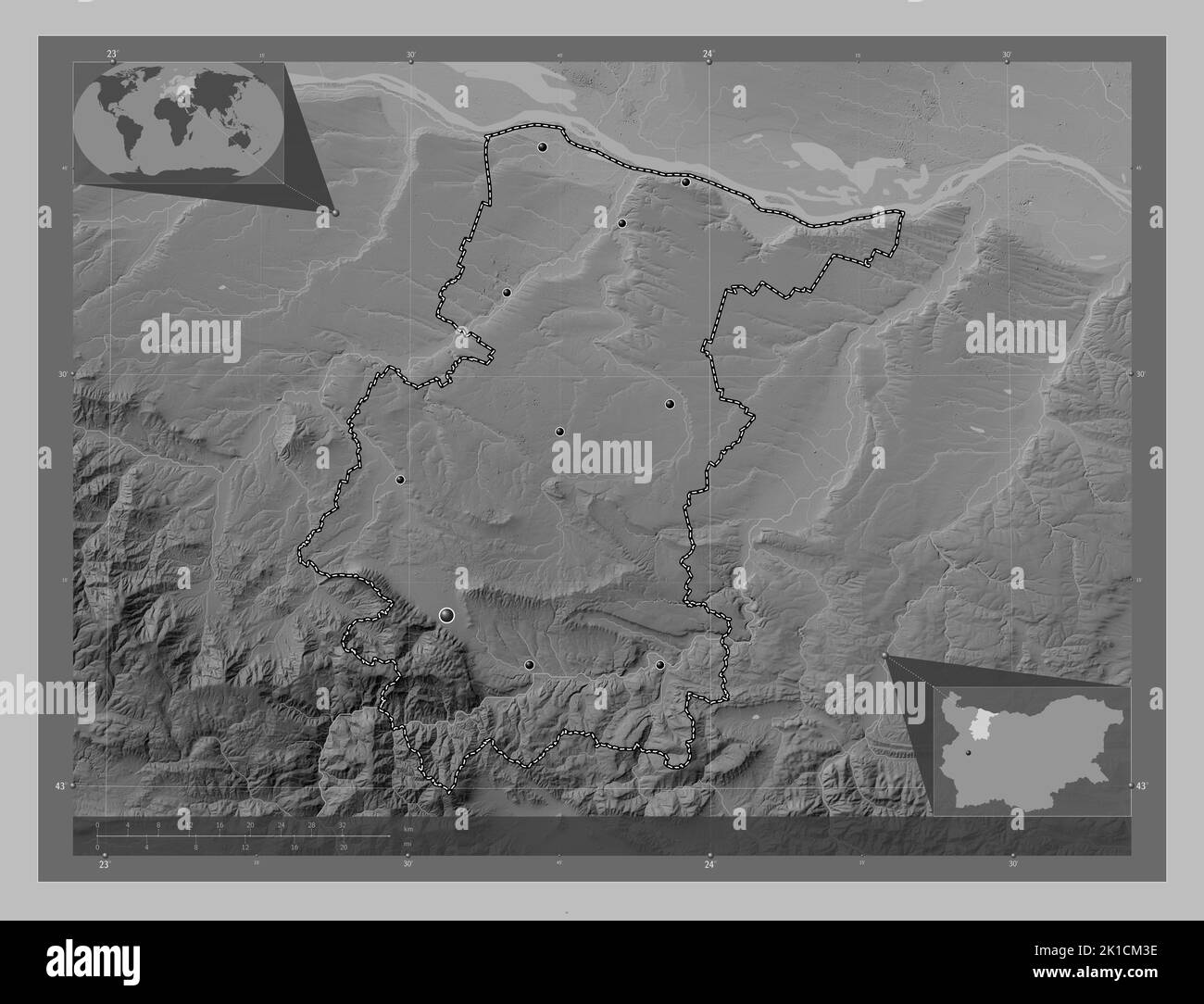 Vratsa, province of Bulgaria. Grayscale elevation map with lakes and ...