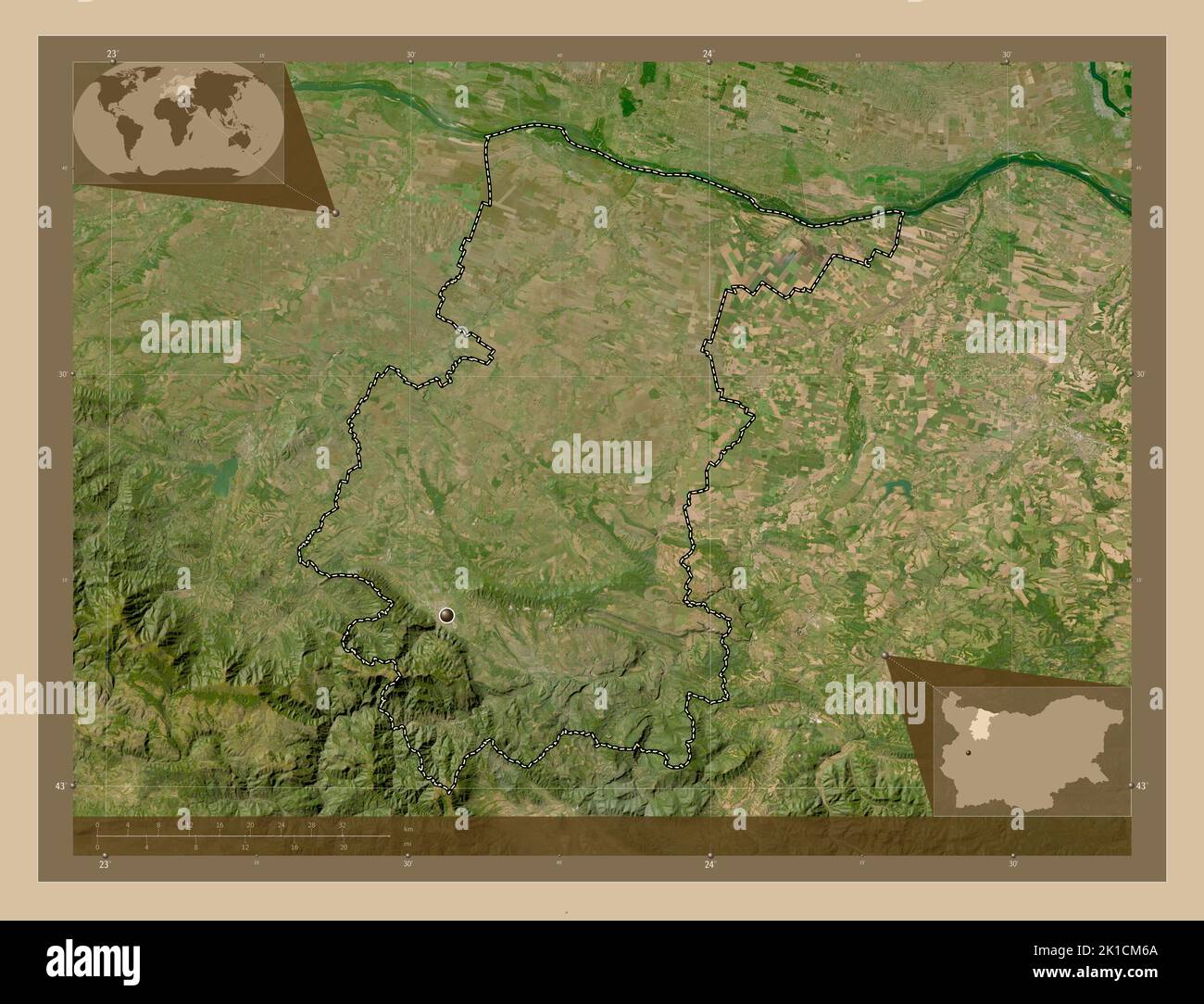 Vratsa, province of Bulgaria. Low resolution satellite map. Corner ...