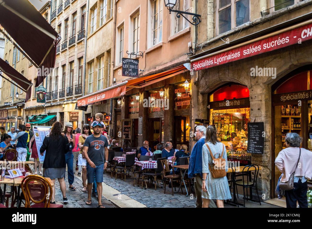 Busy atmospheric street in Vieux Lyon or Old Lyon, one of Europe’s most ...