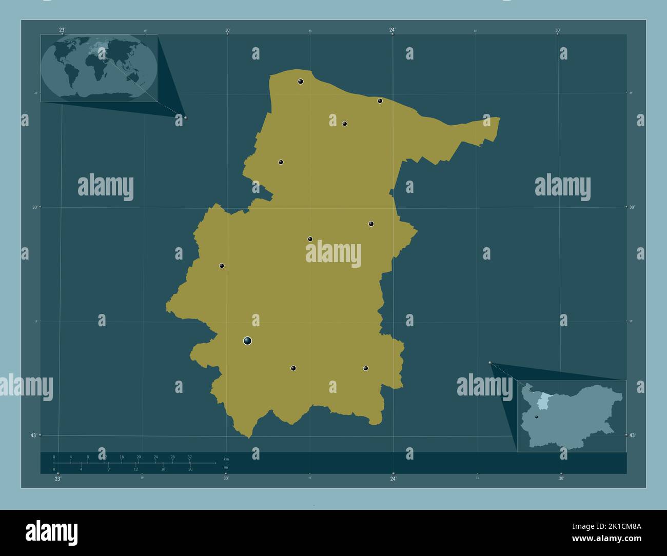 Vratsa, province of Bulgaria. Solid color shape. Locations of major ...