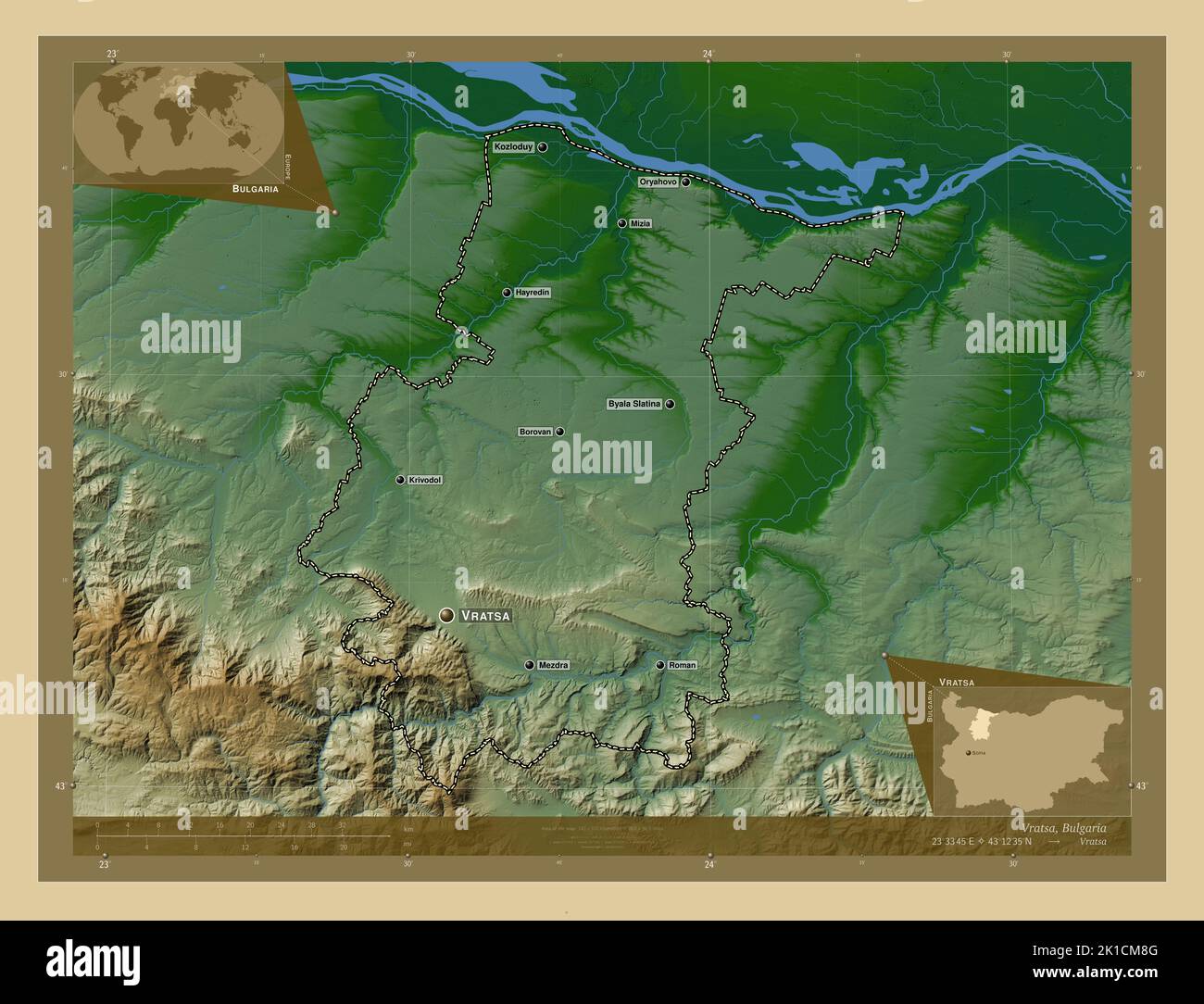 Vratsa, province of Bulgaria. Colored elevation map with lakes and ...