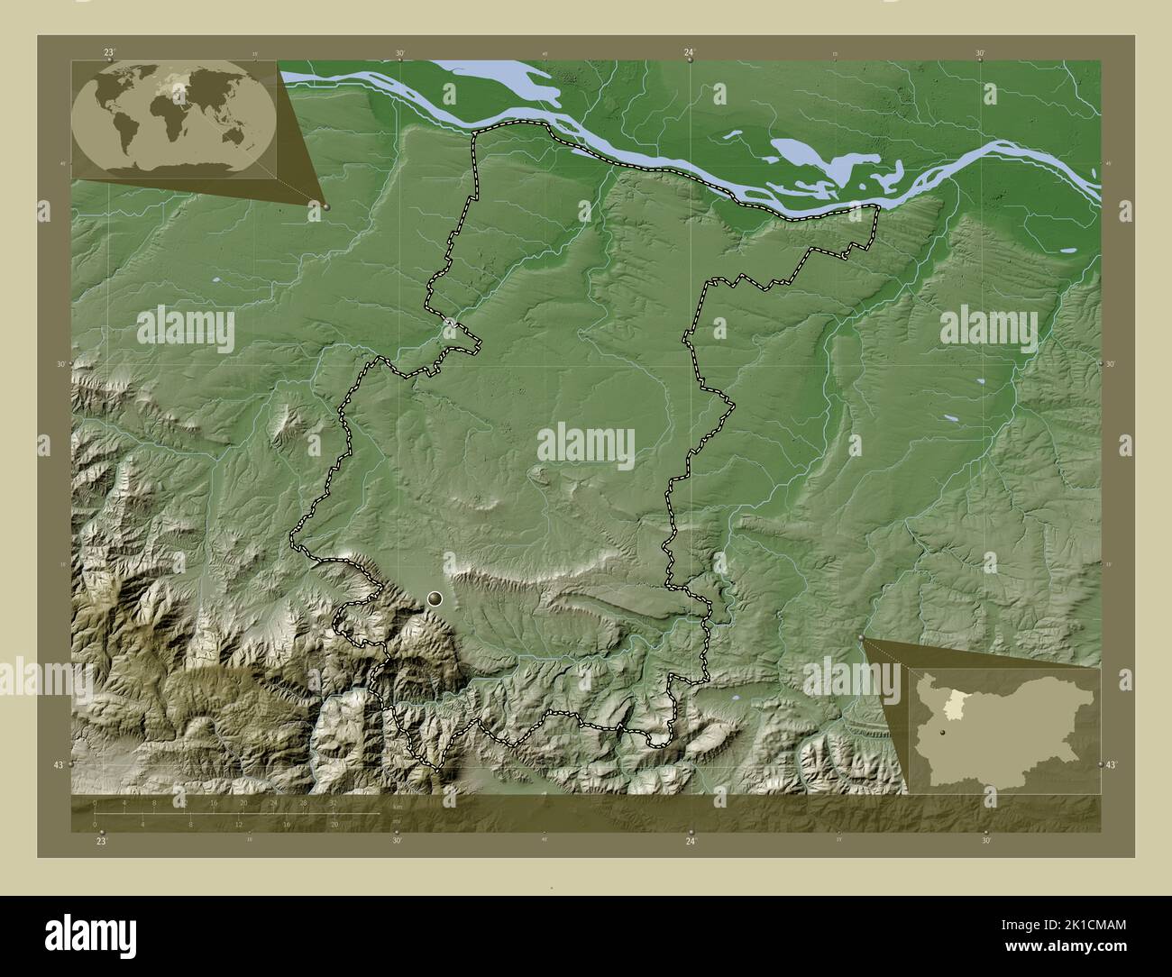 Vratsa, province of Bulgaria. Elevation map colored in wiki style with lakes and rivers. Corner ...