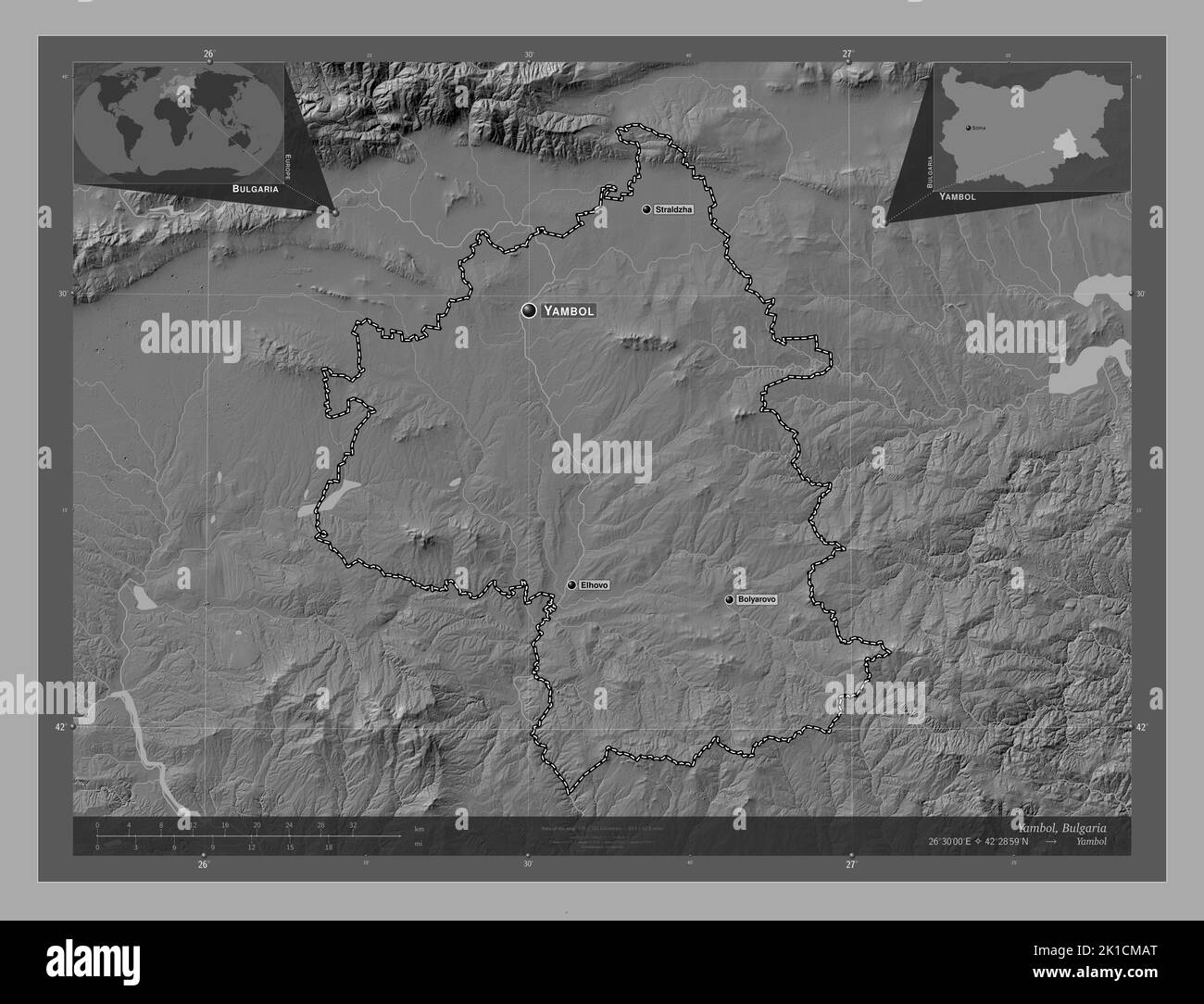 Yambol, province of Bulgaria. Bilevel elevation map with lakes and ...