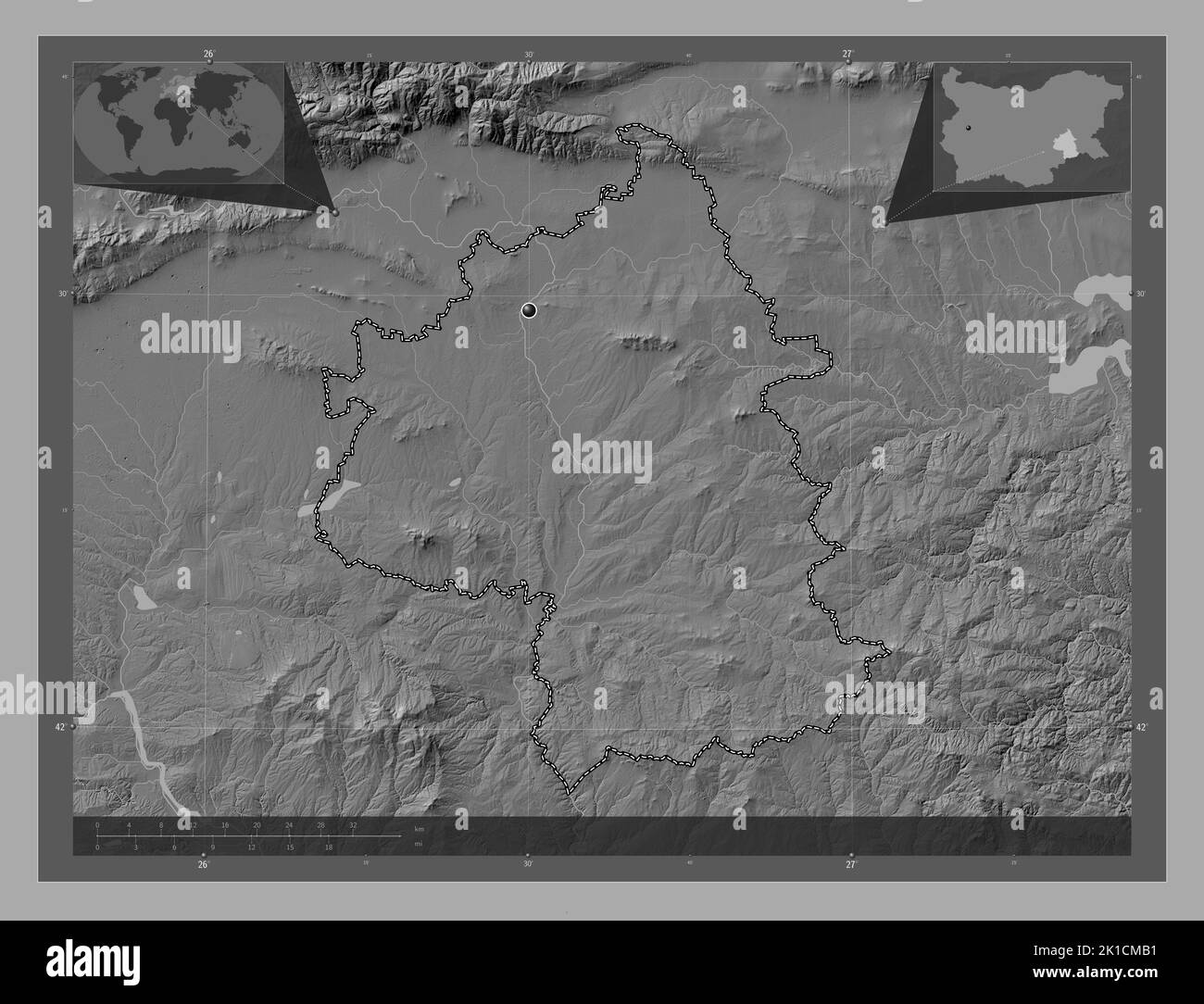 Yambol, province of Bulgaria. Bilevel elevation map with lakes and ...