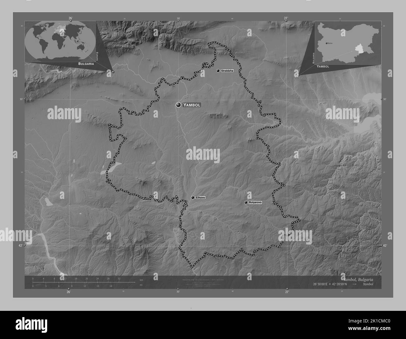 Yambol, province of Bulgaria. Grayscale elevation map with lakes and ...