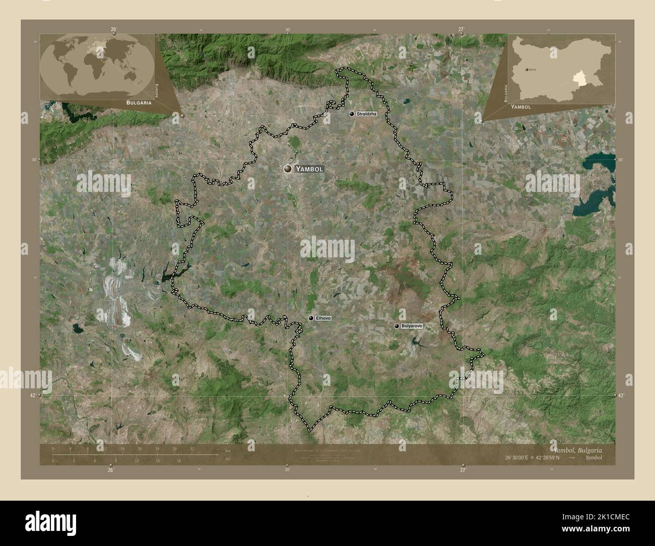 Yambol, province of Bulgaria. High resolution satellite map. Locations ...