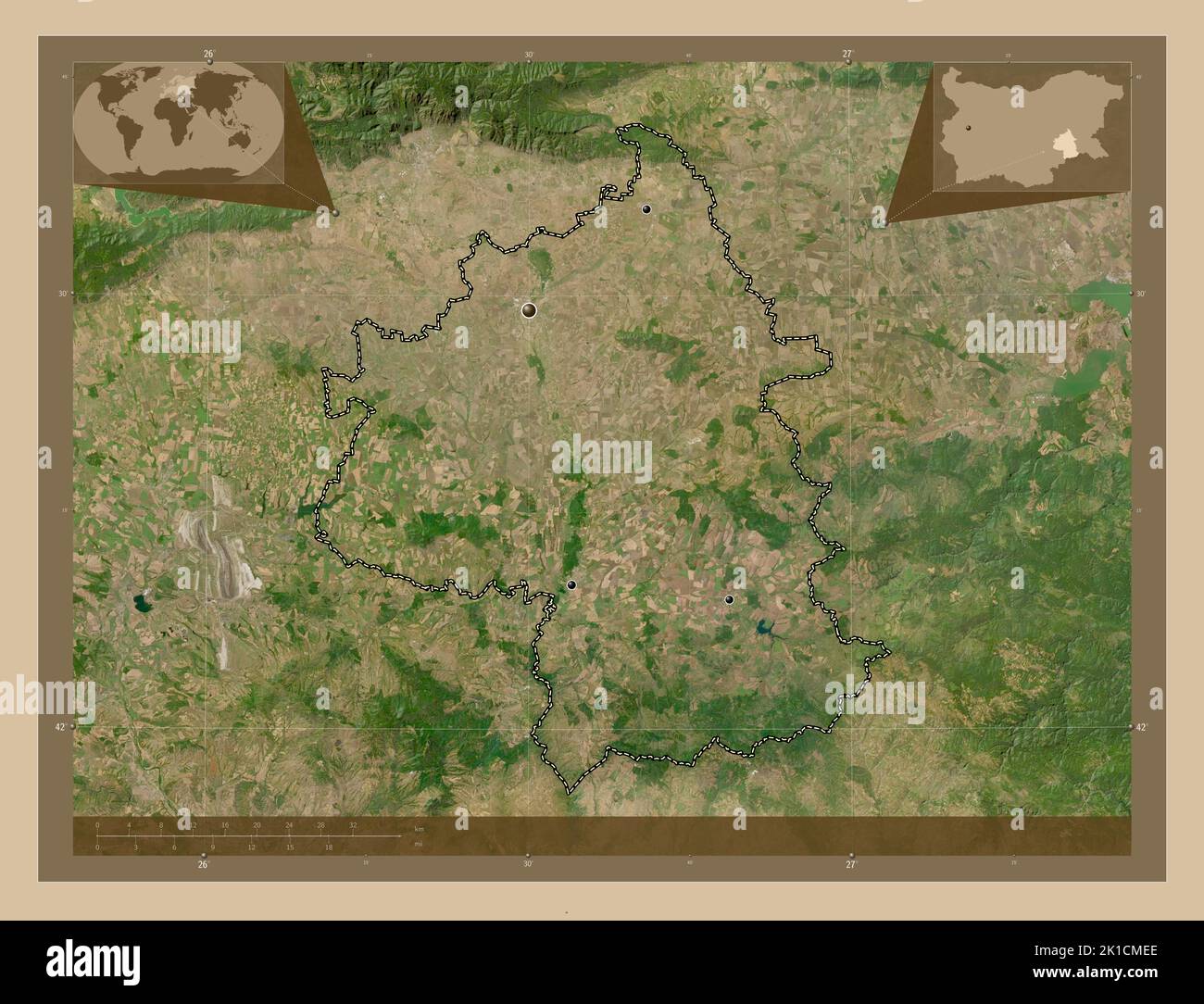 Yambol, province of Bulgaria. Low resolution satellite map. Locations ...