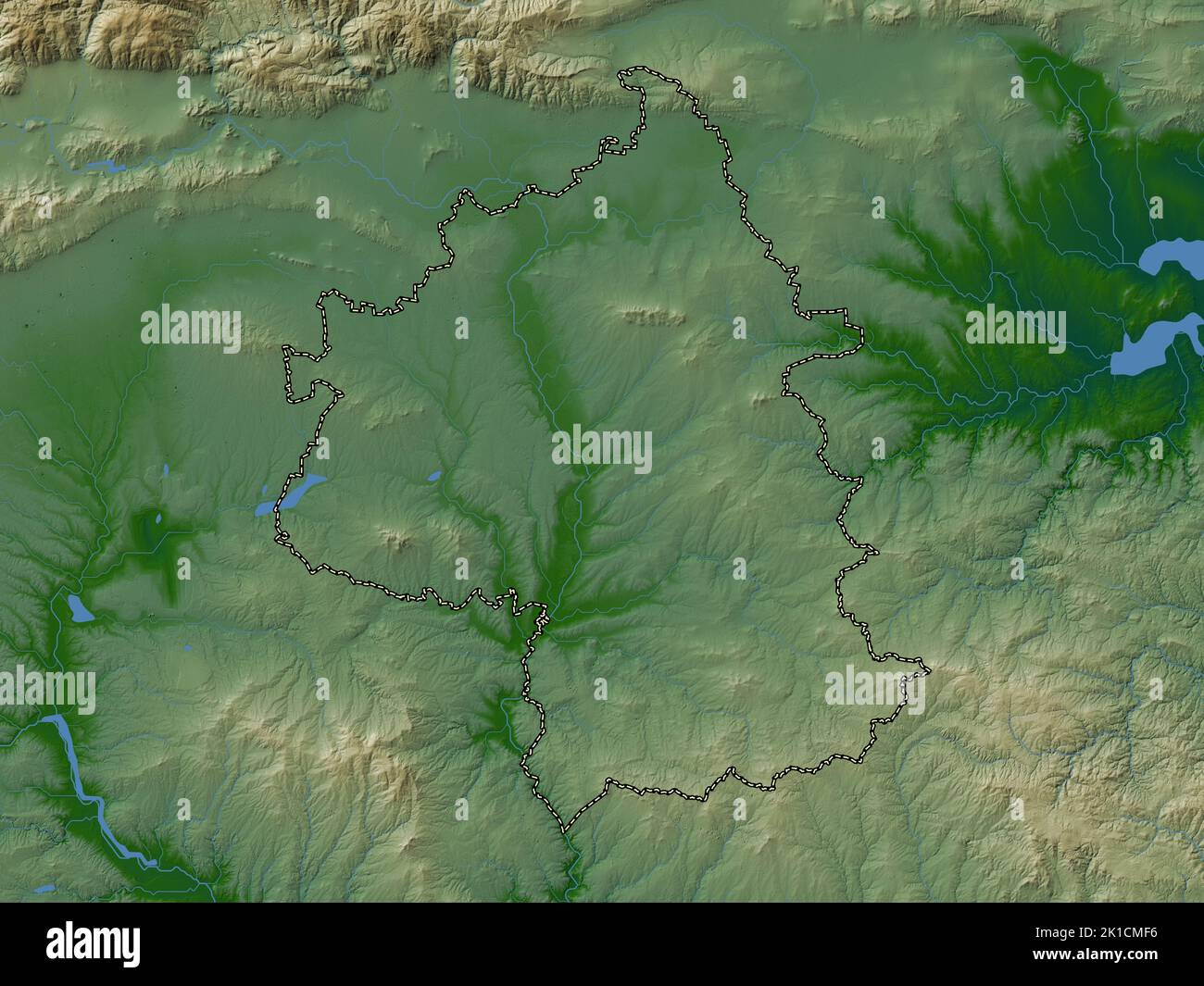 Yambol, province of Bulgaria. Colored elevation map with lakes and ...