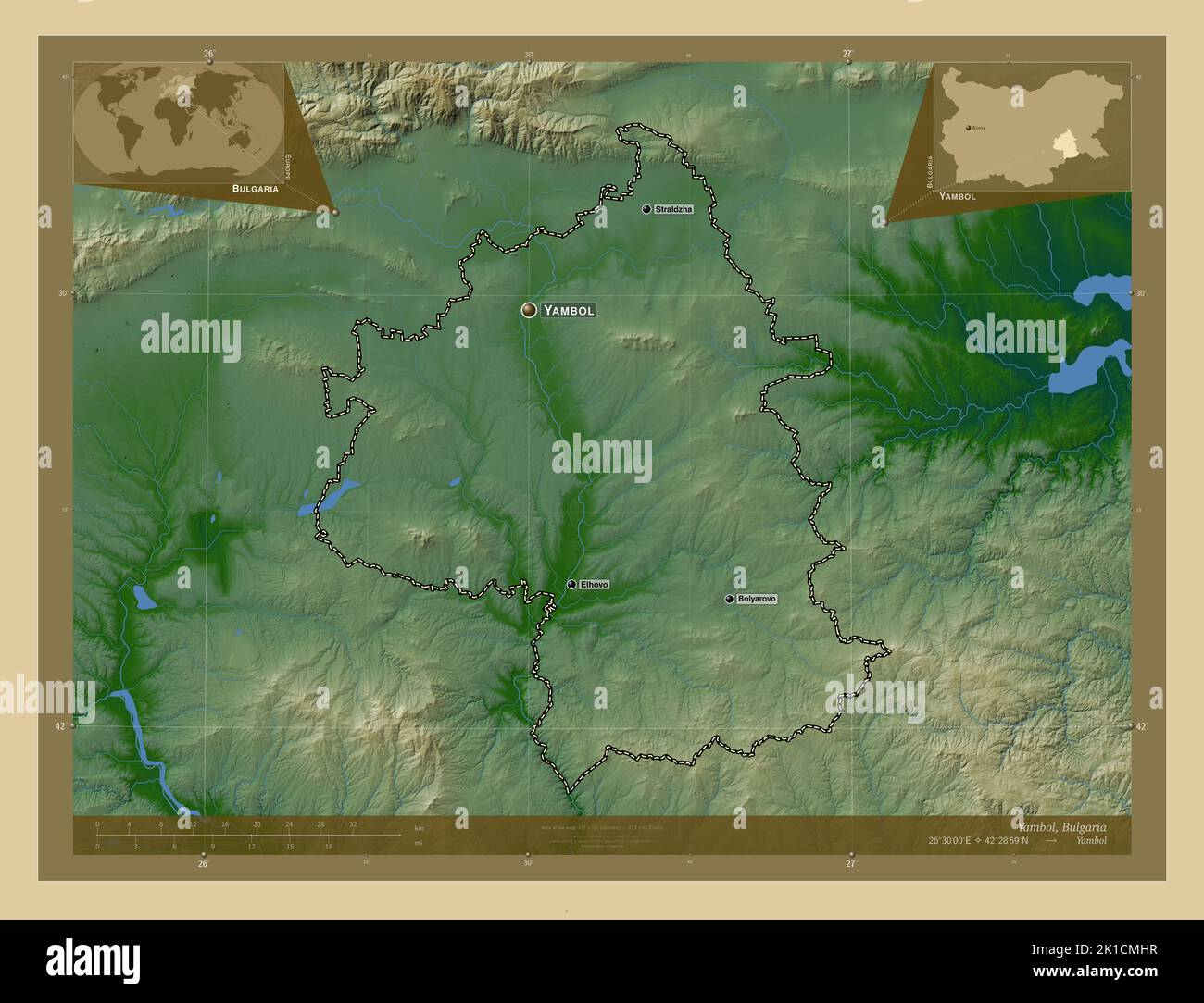 Yambol, province of Bulgaria. Colored elevation map with lakes and ...